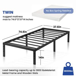 HiBed Twin Metal Platform Bed Frame,14" Low Profile Mattress Foundation, Heavy Duty Steel Slat/Easy Assembly/No Box Spring Needed/Modern Black Finish