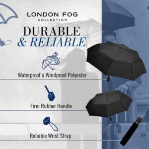 London Fog Mini Rain Umbrella, Automatic Folding Umbrella, Windproof, Lightweight and Packable for Travel, Full 42 Inch Arc, Black