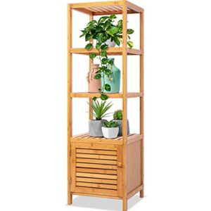 serenelife 5-tier bamboo bathroom storage, corner slim rack cabinet organizer unit, 13.38 x 43.3 inch bathroom shelf, towel stand, bookshelf, freestanding furniture with shelves indoor&outdoor use