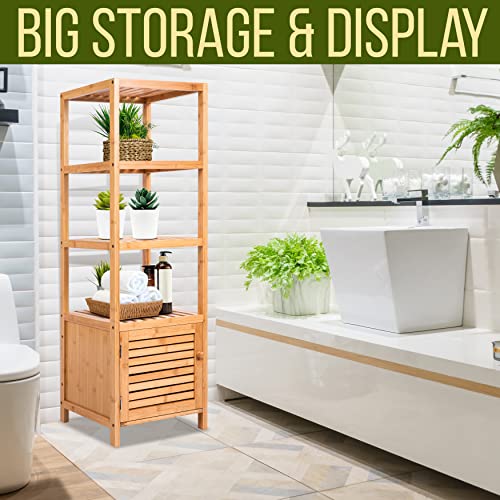 SereneLife 5-Tier Bamboo Bathroom Storage, Corner Slim Rack Cabinet Organizer Unit, 13.38 x 43.3 inch Bathroom Shelf, Towel Stand, Bookshelf, Freestanding Furniture with Shelves Indoor&Outdoor use