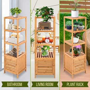 SereneLife 5-Tier Bamboo Bathroom Storage, Corner Slim Rack Cabinet Organizer Unit, 13.38 x 43.3 inch Bathroom Shelf, Towel Stand, Bookshelf, Freestanding Furniture with Shelves Indoor&Outdoor use