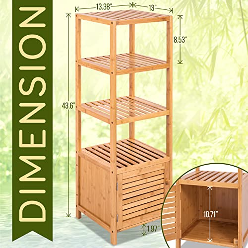 SereneLife 5-Tier Bamboo Bathroom Storage, Corner Slim Rack Cabinet Organizer Unit, 13.38 x 43.3 inch Bathroom Shelf, Towel Stand, Bookshelf, Freestanding Furniture with Shelves Indoor&Outdoor use