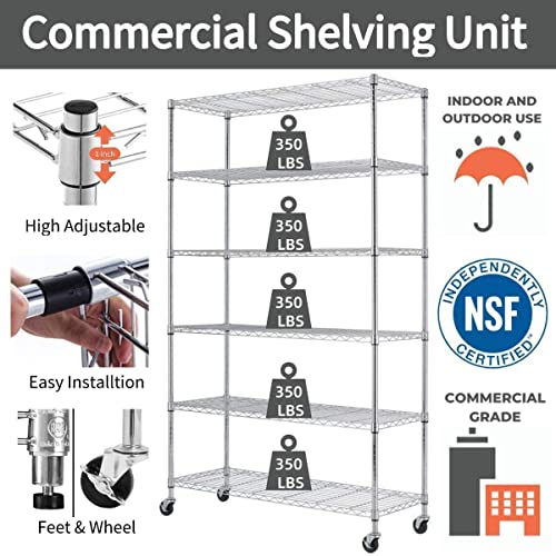 6-Tier Steel Wire Shelving Rack, UltraDurable Commercial-Grade NSF-Certified Storage Rack with Wheels, (350 lbs Capacity per Shelf) Storage Rolling Organizer Wire Rack for Garage Restaurant Kitchen