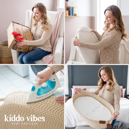 Kiddo Vibes Baby Changing Basket Set w/Comfy Fluted Pad, 3 Waterproof Bamboo Jacquard Covers & Large Matching Diaper Caddy, Reinforced Cotton Rope Moses Basket w/Built-in Safety Belt CPSC Compliant