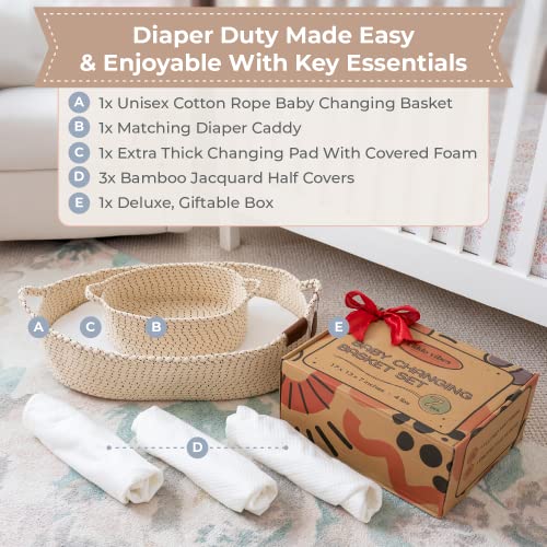 Kiddo Vibes Baby Changing Basket Set w/Comfy Fluted Pad, 3 Waterproof Bamboo Jacquard Covers & Large Matching Diaper Caddy, Reinforced Cotton Rope Moses Basket w/Built-in Safety Belt CPSC Compliant