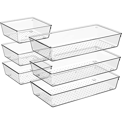 Criusia 6 Pack Large Size Clear Plastic Drawer Organizers, Versatile Acrylic Kitchen Drawer Organizer Stackable Bathroom Drawer Organizer Trays, Storage Bins for Makeup, Bathroom, Kitchen and Office