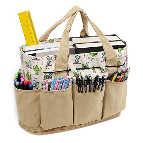 GERYMU Art Supply Storage Organizer, Craft Organizers and Storage Tote Bag with Pockets Art Caddy Oxford Fabric Craft Storage Containers for Teacher, Students, Artist,Office Workers, Traveler Khaki