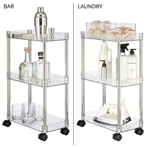 mDesign Slim Portable 3-Tier Household Rolling Storage Cart for Bathroom, Kitchen, Craft Room, Laundry Room, Office, and Kid's Playroom - 4 Rotating Wheels - Clear/Chrome