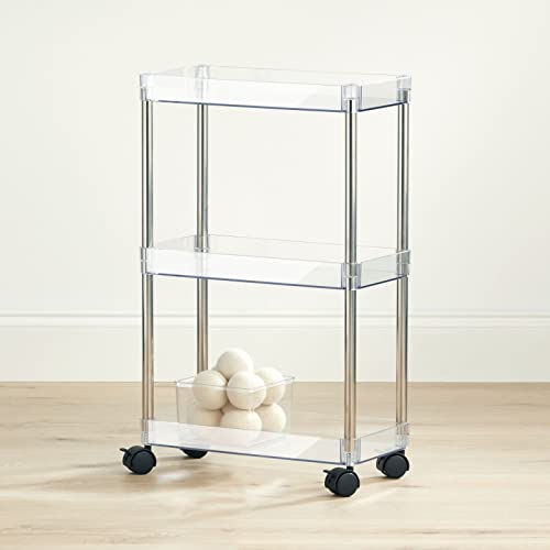 mDesign Slim Portable 3-Tier Household Rolling Storage Cart for Bathroom, Kitchen, Craft Room, Laundry Room, Office, and Kid's Playroom - 4 Rotating Wheels - Clear/Chrome