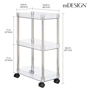 mDesign Slim Portable 3-Tier Household Rolling Storage Cart for Bathroom, Kitchen, Craft Room, Laundry Room, Office, and Kid's Playroom - 4 Rotating Wheels - Clear/Chrome