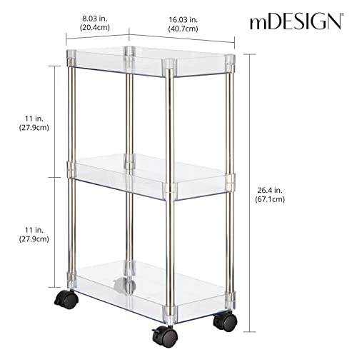 mDesign Slim Portable 3-Tier Household Rolling Storage Cart for Bathroom, Kitchen, Craft Room, Laundry Room, Office, and Kid's Playroom - 4 Rotating Wheels - Clear/Chrome