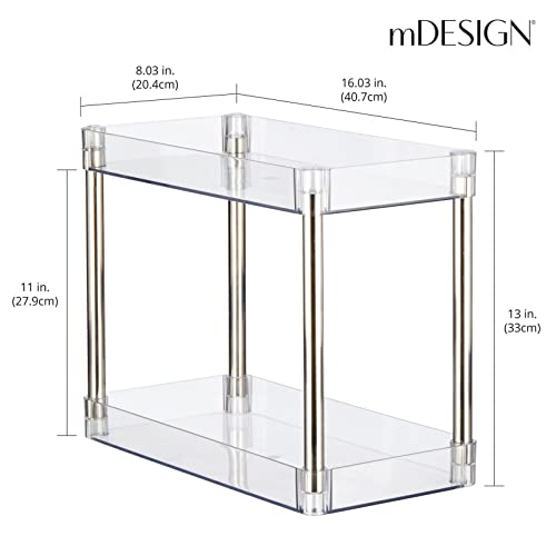 mDesign Slim 2-Tier Household Stackable Storage Shelf Organizer Tray for Cabinet or Counter in Bathroom, Kitchen, Craft Room, Laundry Room, Office, and Kid's Playroom - Clear/Chrome