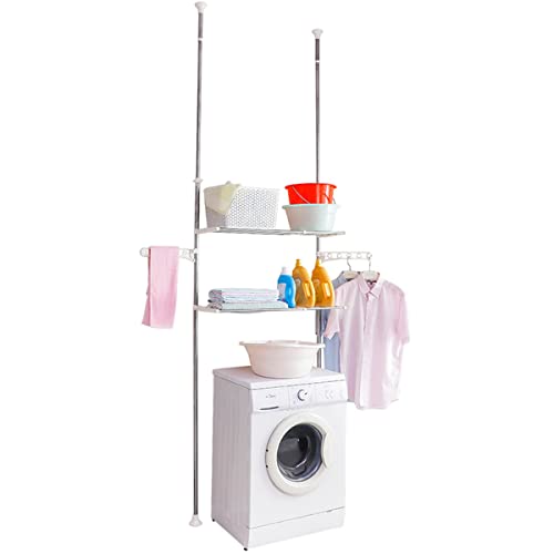 DAHOOMII Over The Toilet Storage Rack Above Washing Machine and Dryer Shelf Laundry Room Organizer 2-Tier Adjustable Bathroom Space Saver with 2 Hangers White