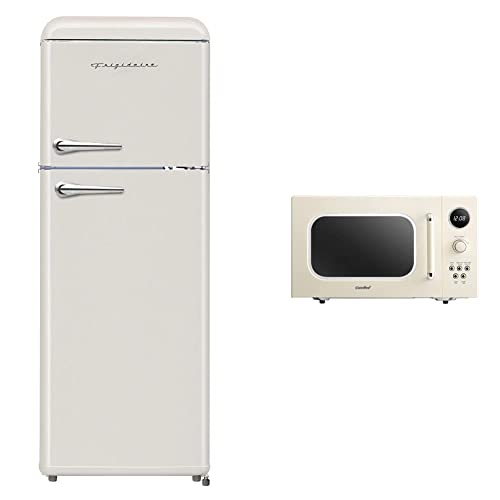 Frigidaire EFR756-CREAM EFR756, 2 Door Apartment Size Retro Refrigerator with Top Freezer, Chrome Handles, 7.5 cu ft, Cream & COMFEE' CM-M092AAT Retro Microwave with 9 Preset Programs, 0.9 cu.ft,