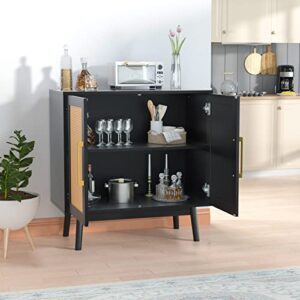 CARPETNAL Sideboard Buffet Cabinet, Modern Rattan Storage Cabinet with Double Doors and Adjustable Shelves, Accent Cabinet for Living Room, Bedroom, Hallway (Black)