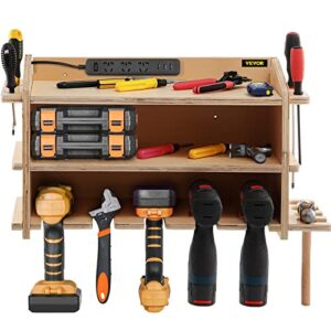 vevor power tool organizer, wall mounted drill holder, 5 drill hanging slots drill charging station, 2-shelf cordless drill storage, polished plywood toolbox for saw, impact wrench, screwdriver drill