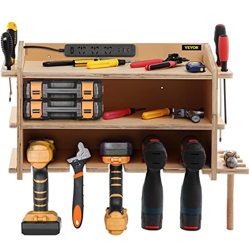 VEVOR Power Tool Organizer, Wall Mounted Drill Holder, 5 Drill Hanging Slots Drill Charging Station, 2-Shelf Cordless Drill Storage, Polished Plywood Toolbox for Saw, Impact Wrench, Screwdriver Drill