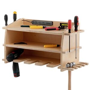 VEVOR Power Tool Organizer, Wall Mounted Drill Holder, 5 Drill Hanging Slots Drill Charging Station, 2-Shelf Cordless Drill Storage, Polished Plywood Toolbox for Saw, Impact Wrench, Screwdriver Drill