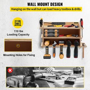 VEVOR Power Tool Organizer, Wall Mounted Drill Holder, 5 Drill Hanging Slots Drill Charging Station, 2-Shelf Cordless Drill Storage, Polished Plywood Toolbox for Saw, Impact Wrench, Screwdriver Drill