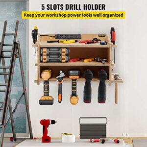 VEVOR Power Tool Organizer, Wall Mounted Drill Holder, 5 Drill Hanging Slots Drill Charging Station, 2-Shelf Cordless Drill Storage, Polished Plywood Toolbox for Saw, Impact Wrench, Screwdriver Drill