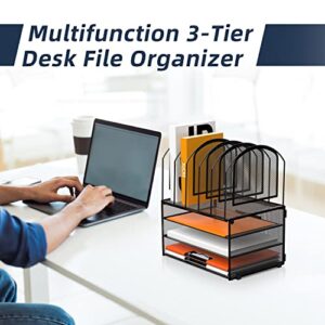 DALTACK Paper Desk Organizer, 3-Tier Letter Tray with 5 Vertical File Holders, Multifunction Desk Organizer, Desktop File Folder Organizer, Desk Organizers and Accessories for Home Office, Black