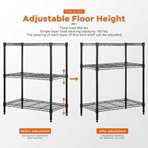 3-Tier Storage Shelves Adjustable, MGHH Wire Shelving Heavy Duty Storage Rack(150 Lbs Loading Capacity/ Shelf) Metal Shelf Organizer Wire Rack Shelf for Pantry Garage Kitchen 23"D x12"W x 30"H -Black