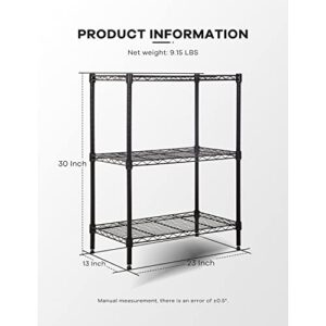 3-Tier Storage Shelves Adjustable, MGHH Wire Shelving Heavy Duty Storage Rack(150 Lbs Loading Capacity/ Shelf) Metal Shelf Organizer Wire Rack Shelf for Pantry Garage Kitchen 23"D x12"W x 30"H -Black