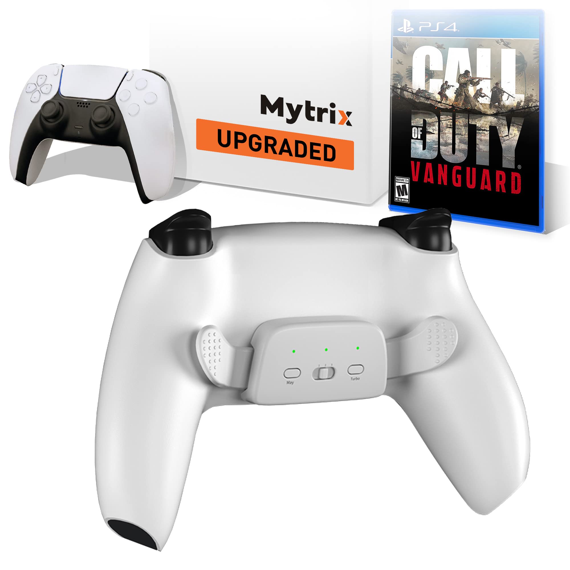 Mytrix Customized Controller with 2 Remappable Paddles for PlayStation 5 (PS5), Programmable Back Buttons with Fast Turbo Auto-Fire, 3 Setup Saving Slots Onboard Switch - White, with COD Vanguard Disc