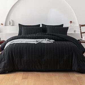 warmdern black comforter set queen size soft bedding sets boho striped pattern comforter set lightweight comforter for all season down alternative comforter bed in a bag 7 piece(queen, black)