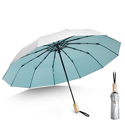 G4Free 46 Inch UPF 50+ UV Protection Large Travel Umbrella with Wooden Handle, 15 Fibreglass Ribs Super Windproof Sun Blocking Folding Umbrella Auto Open Close (Lake Blue)