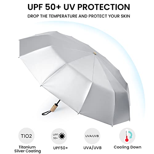 G4Free 46 Inch UPF 50+ UV Protection Large Travel Umbrella with Wooden Handle, 15 Fibreglass Ribs Super Windproof Sun Blocking Folding Umbrella Auto Open Close (Lake Blue)