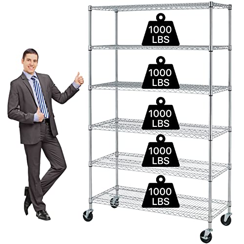 Heavy Duty 6 Tier Wire Shelving Unit Adjustable Storage Rack on Wheels 6000 Lbs Weight Capacity Metal Shelves Space Saving Wire Shelf Multifunctional Garage Shelving for Commercial Storage, Chrome