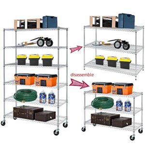 Heavy Duty 6 Tier Wire Shelving Unit Adjustable Storage Rack on Wheels 6000 Lbs Weight Capacity Metal Shelves Space Saving Wire Shelf Multifunctional Garage Shelving for Commercial Storage, Chrome