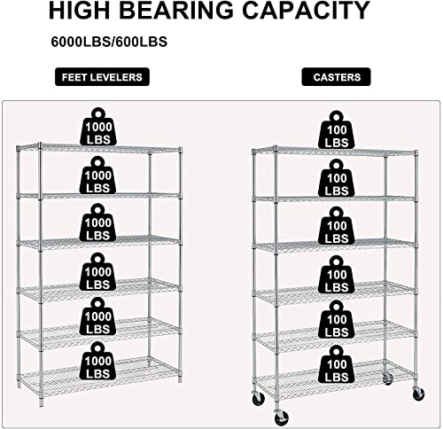 Heavy Duty 6 Tier Wire Shelving Unit Adjustable Storage Rack on Wheels 6000 Lbs Weight Capacity Metal Shelves Space Saving Wire Shelf Multifunctional Garage Shelving for Commercial Storage, Chrome