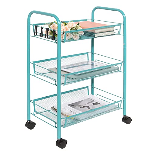 Ruishetop Rolling Push Cart Stand Shelves, Storage Rack with Wheels with Mesh Wire Basket, Multifunction Metal Trolley Organizer for Home, Office, Bedroom, Bathroom, Kitchen (3-Tier Rack Blue)