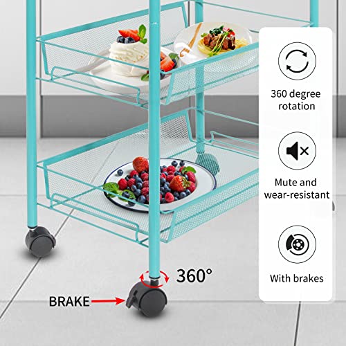 Ruishetop Rolling Push Cart Stand Shelves, Storage Rack with Wheels with Mesh Wire Basket, Multifunction Metal Trolley Organizer for Home, Office, Bedroom, Bathroom, Kitchen (3-Tier Rack Blue)