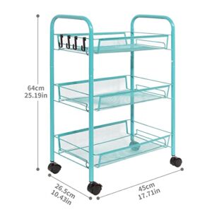 Ruishetop Rolling Push Cart Stand Shelves, Storage Rack with Wheels with Mesh Wire Basket, Multifunction Metal Trolley Organizer for Home, Office, Bedroom, Bathroom, Kitchen (3-Tier Rack Blue)