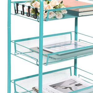 Ruishetop Rolling Push Cart Stand Shelves, Storage Rack with Wheels with Mesh Wire Basket, Multifunction Metal Trolley Organizer for Home, Office, Bedroom, Bathroom, Kitchen (3-Tier Rack Blue)