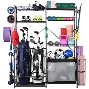 plkow golf storage ball rack garage organizer, 2 golf bag organizer and other sports equipment organizer for garage, extra large size sports storage rack for garage