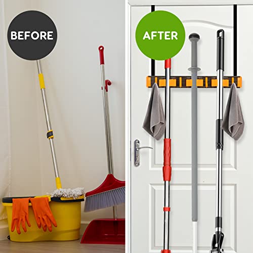 Unjumbly Broom Holder Wall Mount, Drilling Free Mop and Broom Holder with 2 Over Door Hooks, Tool Organizer for Laundry Room, Garage, Kitchen, Closet, Bathroom, Pantry - Orange