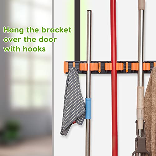 Unjumbly Broom Holder Wall Mount, Drilling Free Mop and Broom Holder with 2 Over Door Hooks, Tool Organizer for Laundry Room, Garage, Kitchen, Closet, Bathroom, Pantry - Orange