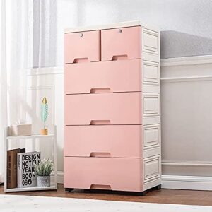 Pink Plastic Storage Cabinet with 6 Drawers and Lock, Wheels, and Large Capacity - Ideal for Small Spaces, Easy to Assemble and Clean - Perfect for Bedroom, Nursery, and Playroom Organization