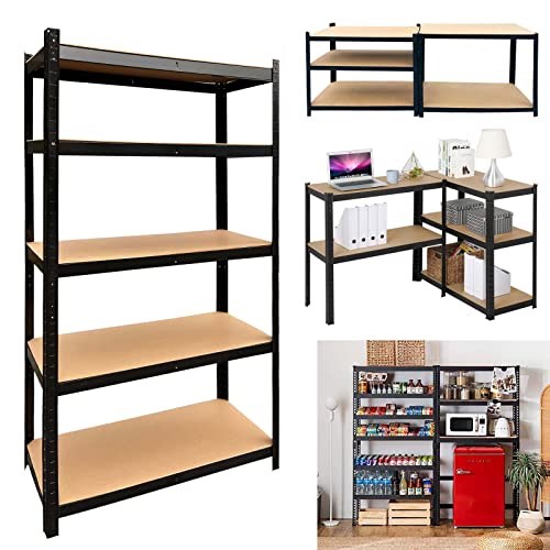 5 Tier Storage Shelve Heavy Duty Metal Shelving Units, Bolt-free Assembly, 80H x 40W x 20D inch, Adjustable Utility Shelf Steel Storage Rack with Durable MDF Boards for Garage Kitchen Bedroom (Black)