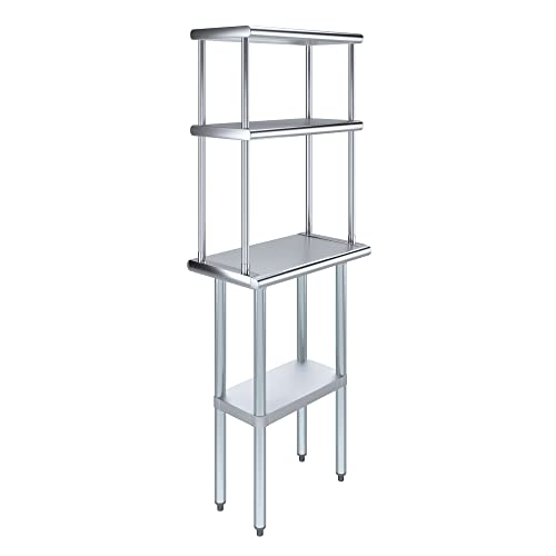 AmGood Stainless Steel Work Table with 12" Wide Double Tier Overshelf | Metal Kitchen Prep Table & Shelving Combo | NSF (Stainless Steel Table with Double Overshelves, 24" Long x 14" Deep)