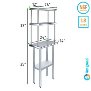 AmGood Stainless Steel Work Table with 12" Wide Double Tier Overshelf | Metal Kitchen Prep Table & Shelving Combo | NSF (Stainless Steel Table with Double Overshelves, 24" Long x 14" Deep)