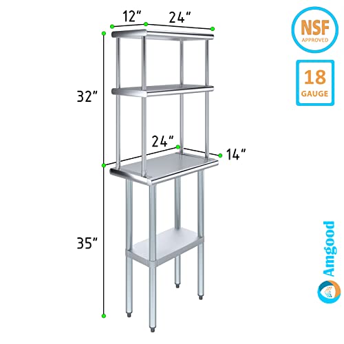 AmGood Stainless Steel Work Table with 12" Wide Double Tier Overshelf | Metal Kitchen Prep Table & Shelving Combo | NSF (Stainless Steel Table with Double Overshelves, 24" Long x 14" Deep)