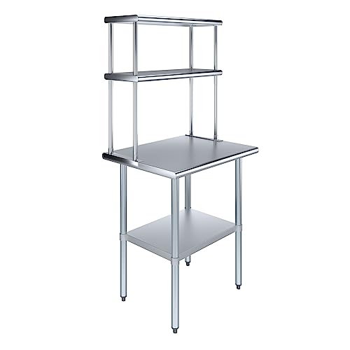 AmGood Stainless Steel Work Table with 12" Wide Double Tier Overshelf | Metal Kitchen Prep Table & Shelving Combo | NSF (Stainless Steel Table with Double Overshelves, 30" Long x 24" Deep)