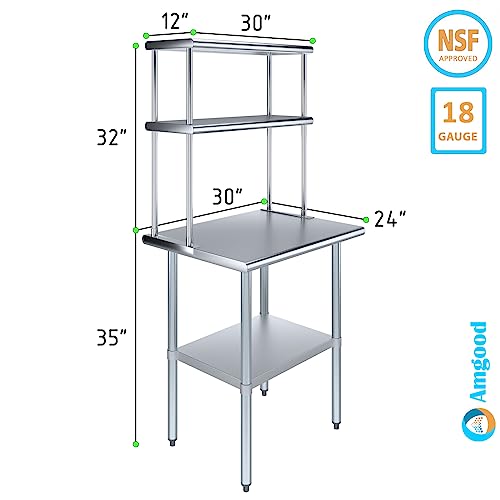 AmGood Stainless Steel Work Table with 12" Wide Double Tier Overshelf | Metal Kitchen Prep Table & Shelving Combo | NSF (Stainless Steel Table with Double Overshelves, 30" Long x 24" Deep)