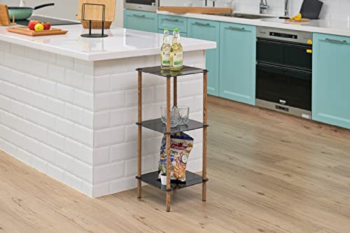 ikloo 3-Tier Metal & Glass Black Shelf, Shelving Display Rack, Open Glass Shelves; Multifunctional Freestanding Storage for Living Room, Bathroom, Home Office, Hallway, Bedroom Organization Rack.