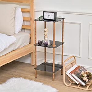 ikloo 3-Tier Metal & Glass Black Shelf, Shelving Display Rack, Open Glass Shelves; Multifunctional Freestanding Storage for Living Room, Bathroom, Home Office, Hallway, Bedroom Organization Rack.